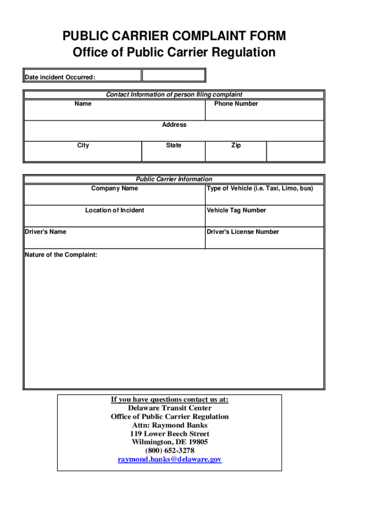 Fillable Online PUBLIC CARRIER COMPLAINT FORM Office of Public Carrier ...
