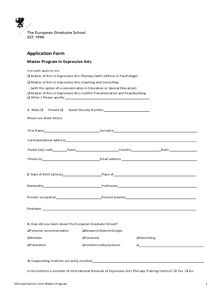 Fillable Online expressivearts egs EGS Application Form Master Program ...