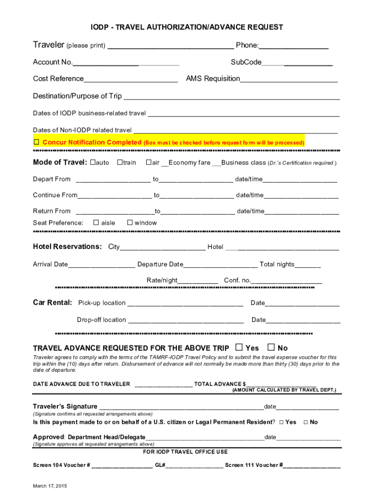 Fillable Online PDF IODP - TRAVEL AUTHORIZATION/ADVANCE REQUEST ...