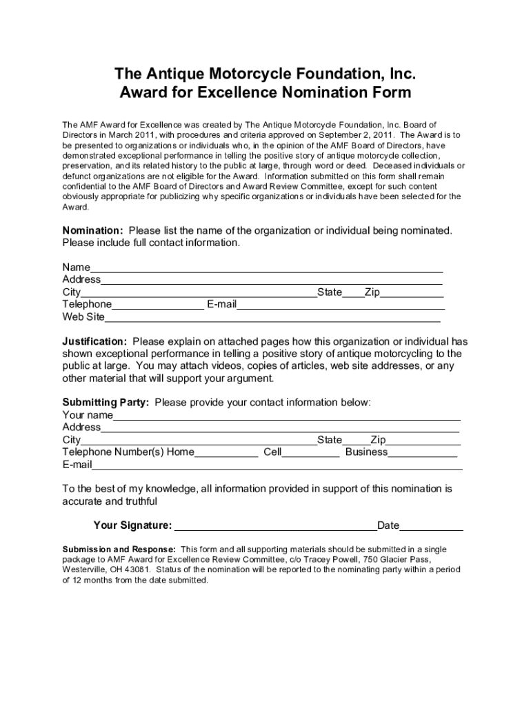 Fillable Online Award for Excellence Draft Nominating Form Fax Email ...