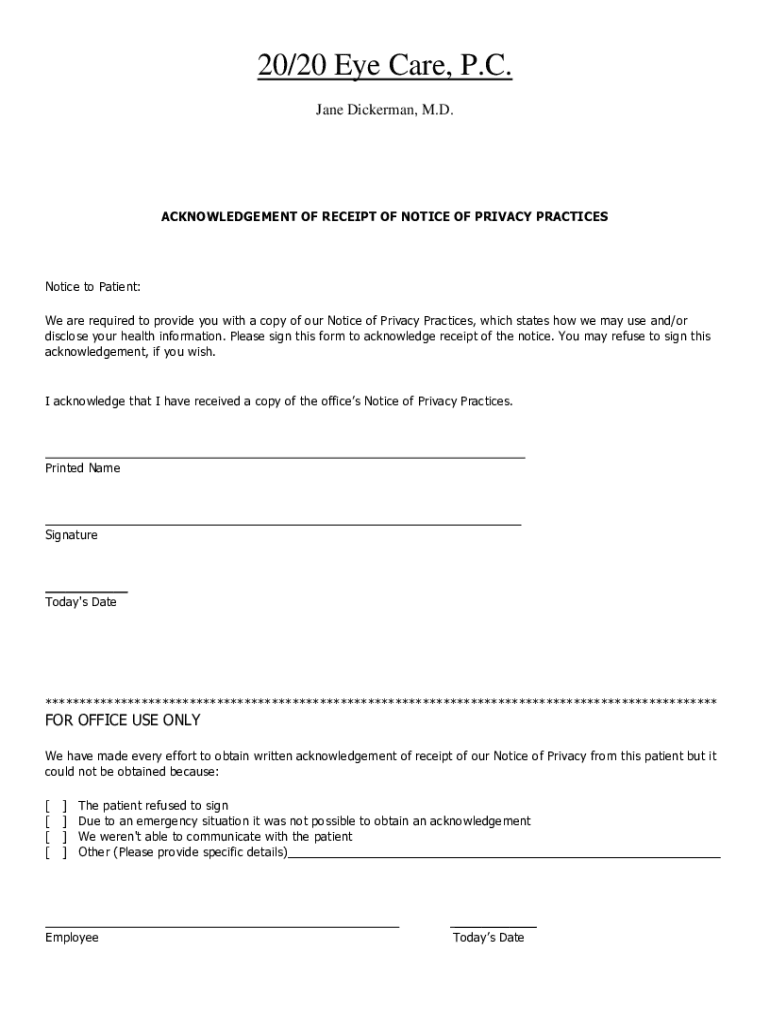 Fillable Online ACKNOWLEDGEMENT OF RECEIPT OF NOTICE ... - 20/20 Eye ...