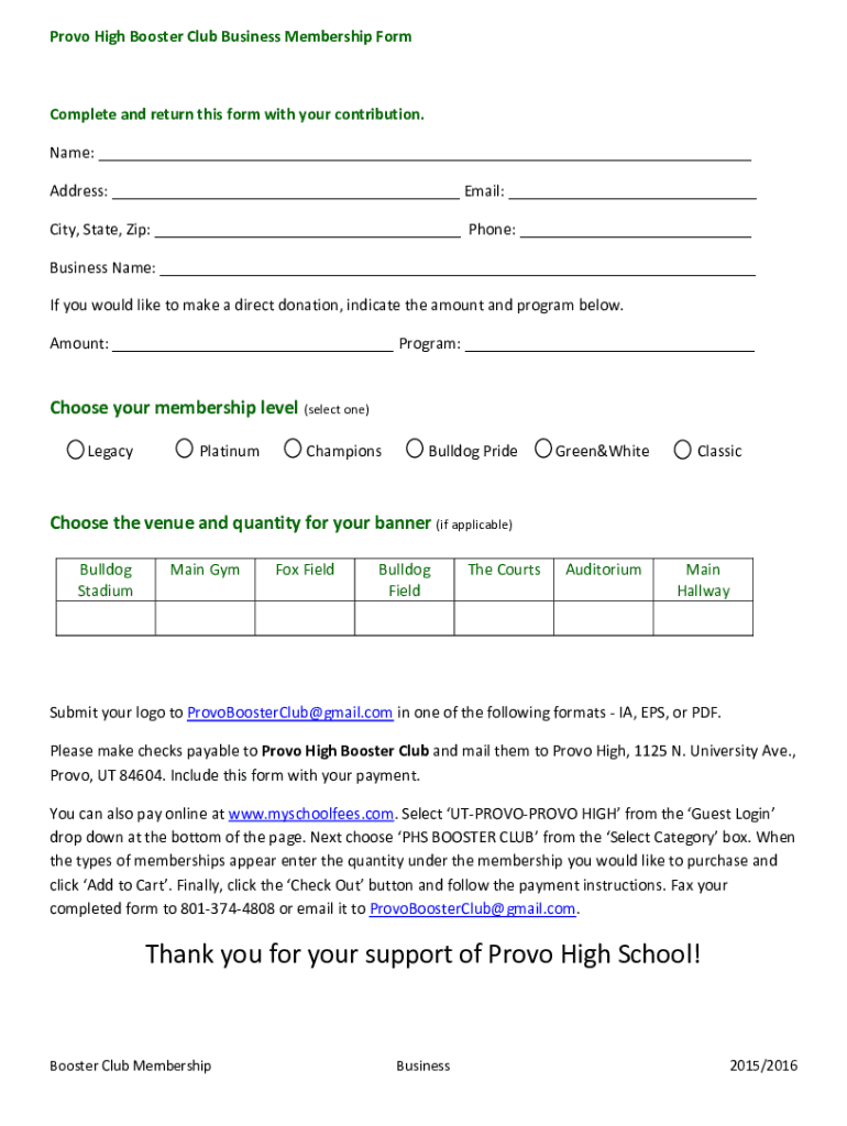Fillable Online Provo High Booster Club Business Membership Form Fax ...