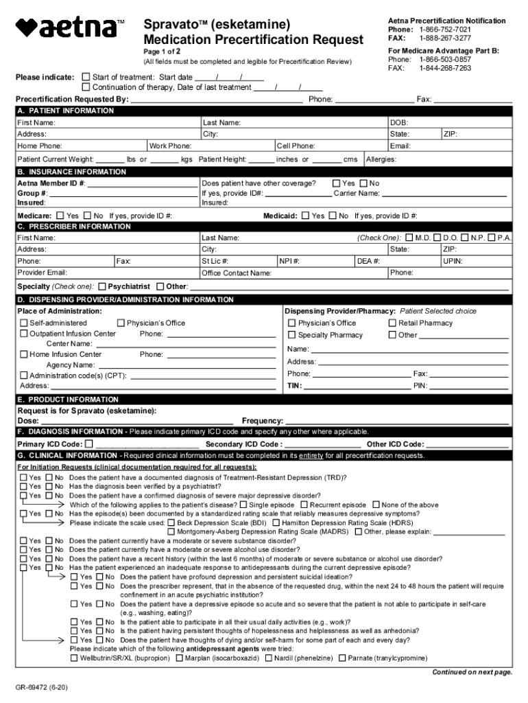 Fillable Online SPRAVATO PRIOR APPROVAL REQUEST Member Information Fax ...