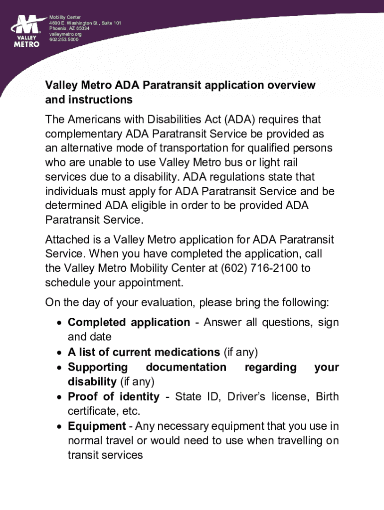 Fillable Online Valley Metro ADA Paratransit application overview and ...