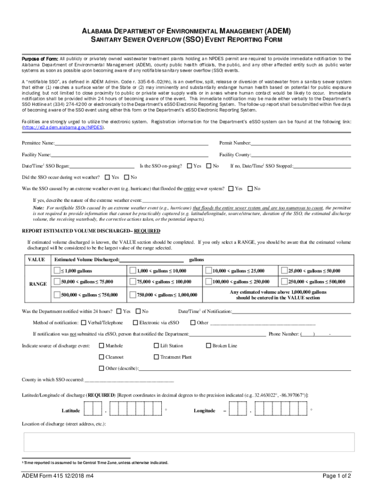 Fillable Online adem alabama ADEM Form 415 "Sanitary Sewer Overflow ...