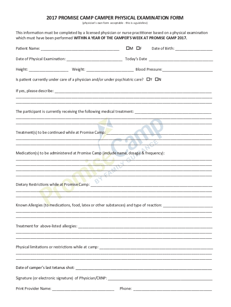 Fillable Online 2017 PROMISE CAMP CAMPER PHYSICAL EXAMINATION FORM Fax ...