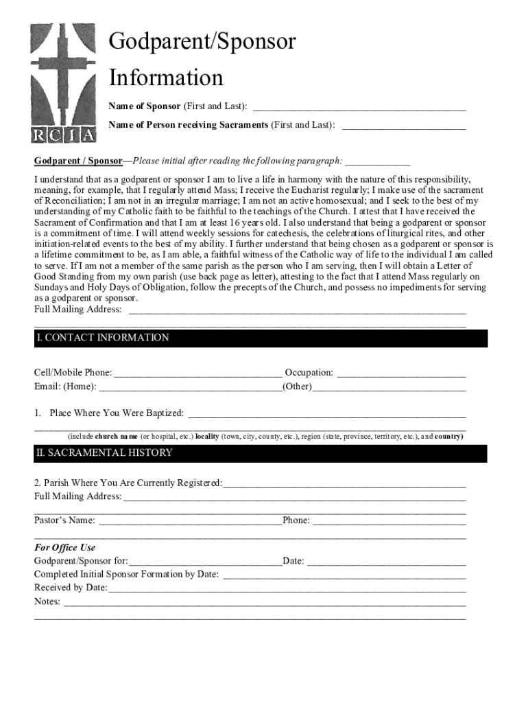 Fillable Online Godparent/Sponsor Information - Our Lady of the Valley ...