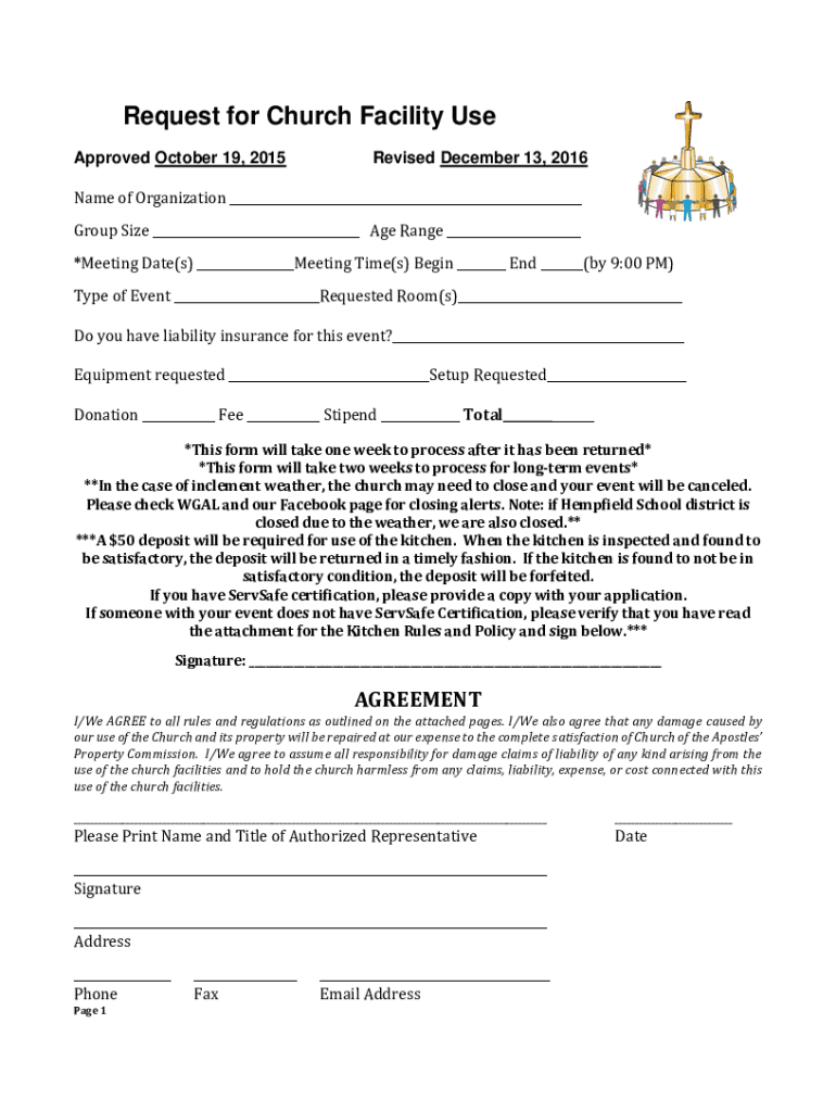 Fillable Online Request for Church Facility Use Fax Email Print - pdfFiller