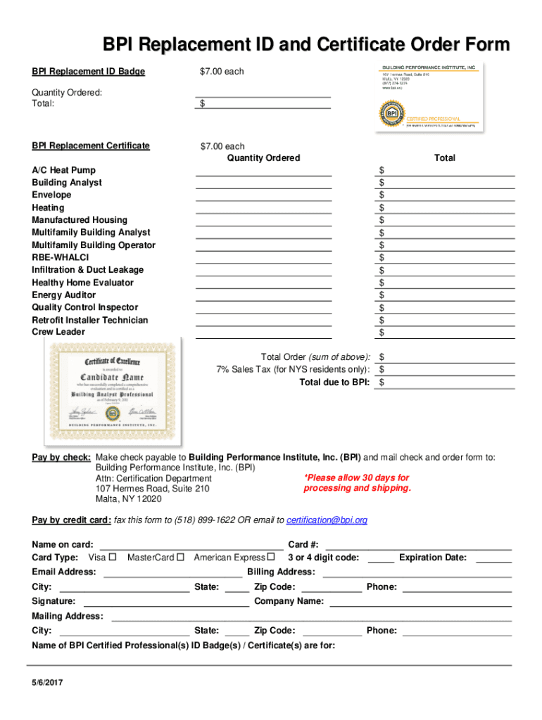 Fillable Online PDF BPI Replacement ID and Certificate Order Form ...