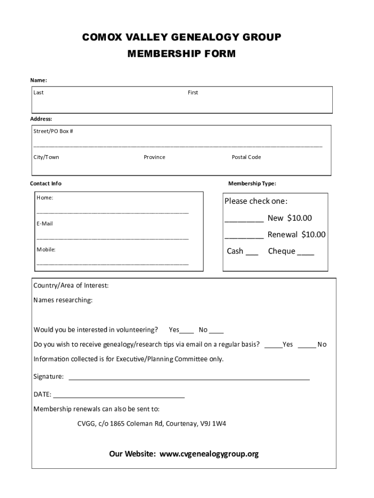 Fillable Online COMOX VALLEY GENEALOGY GROUP Fax Email Print - pdfFiller