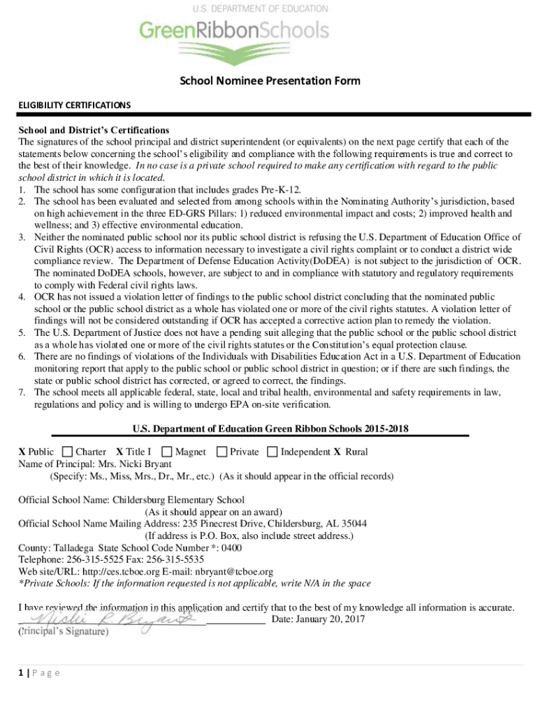 Fillable Online School Nominee Presentation Form School and Districts ...