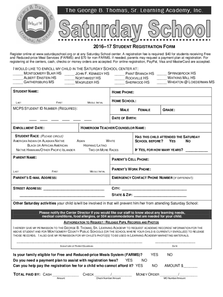 Fillable Online Saturday School Registration Form - Montgomery County ...