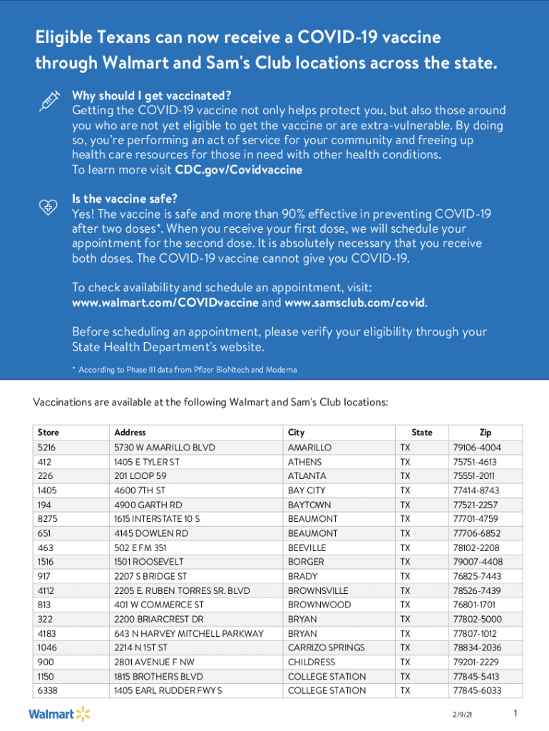 Fillable Online COVID-19 Vaccine Locations - Walmart and Sam's Clubs ...