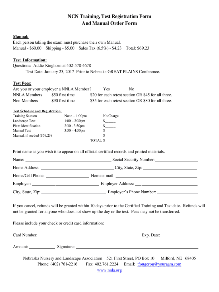Fillable Online NCN Training, Test Registration Form And Manual Order ...