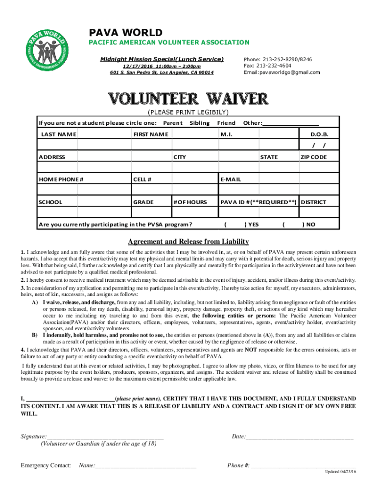 Fillable Online VOLUNTEER WAIVER - PAVA WORLD Fax Email Print - pdfFiller