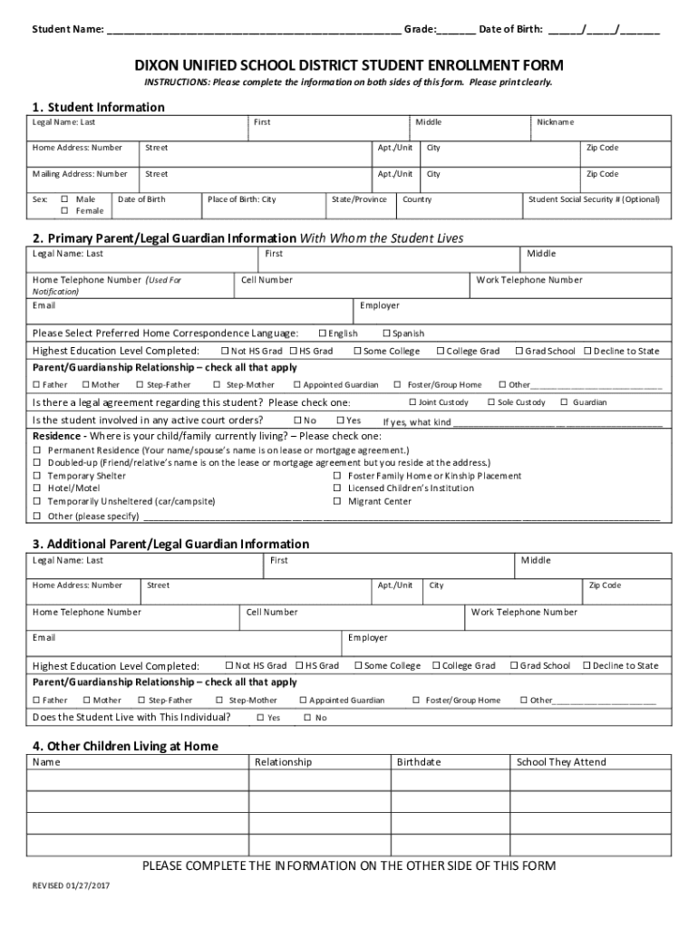 Fillable Online images pcmac DIXON UNIFIED SCHOOL DISTRICT STUDENT ENROLLMENT FORM Fax Email ...