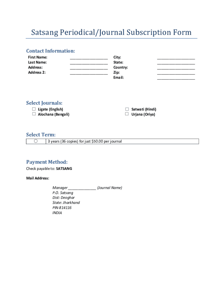 Fillable Online Satsang Periodical/Journal Subscription Form Fax Email Print - pdfFiller
