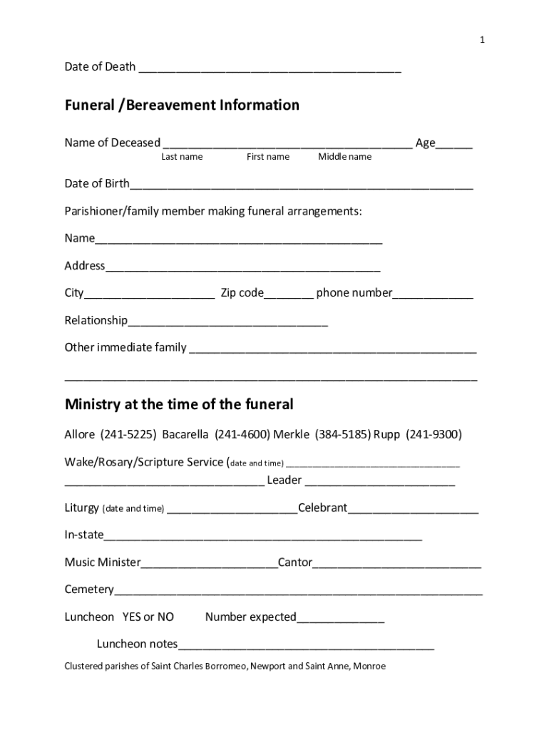 Fillable Online Funeral /Bereavement Information Fax Email Print ...