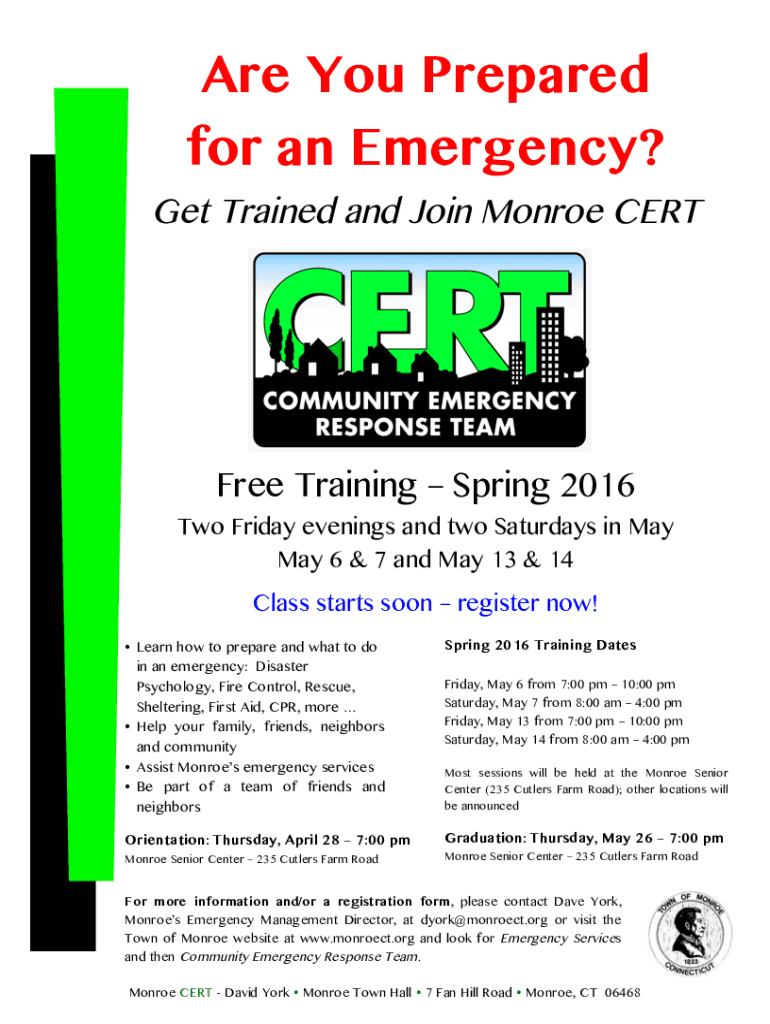 Fillable Online 2016 Spring CERT Training - Flyer and Registration Form ...