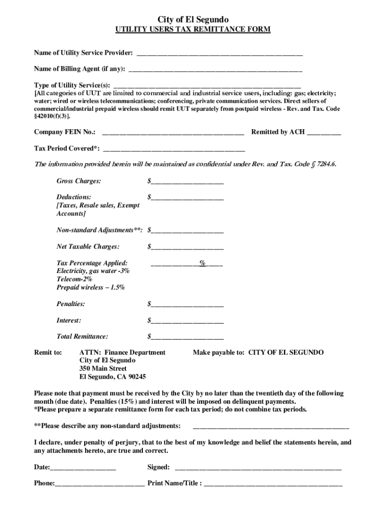 Fillable Online city of el segundo utility users tax remittance - UUT ...
