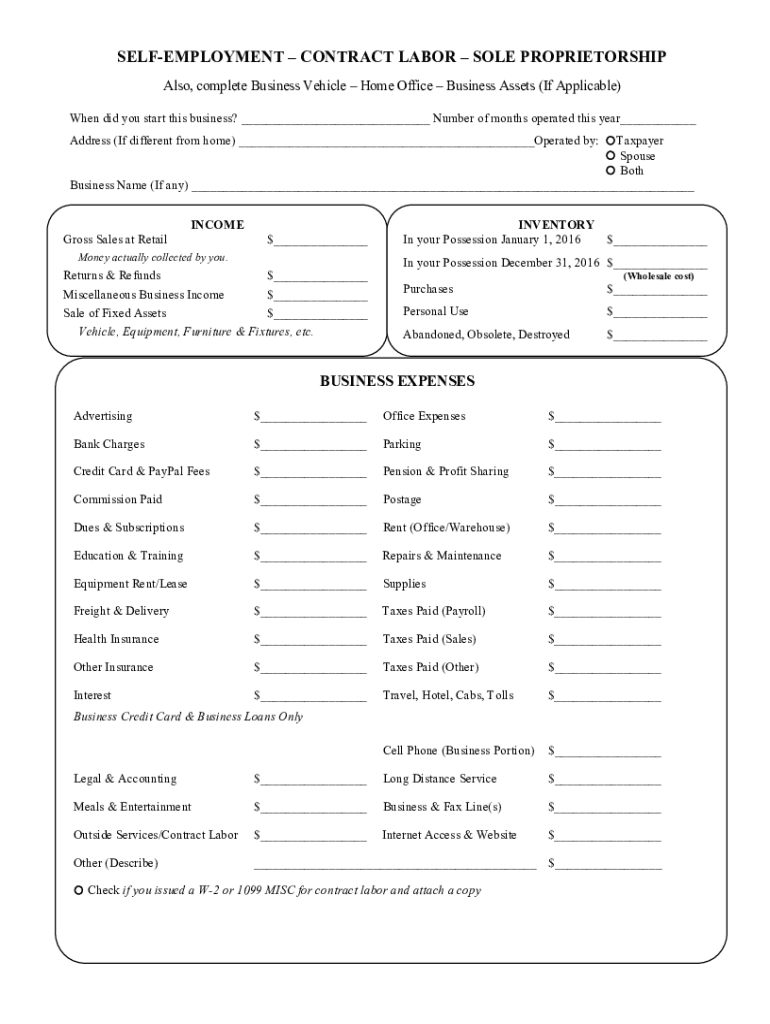 Fillable Online Worksheet - Self Employment Contract Labor Sole ...