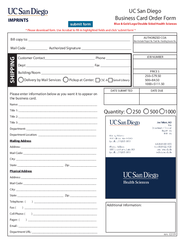 Fillable Online blink ucsd UC San Diego IMPRINTS Business Card Order ...