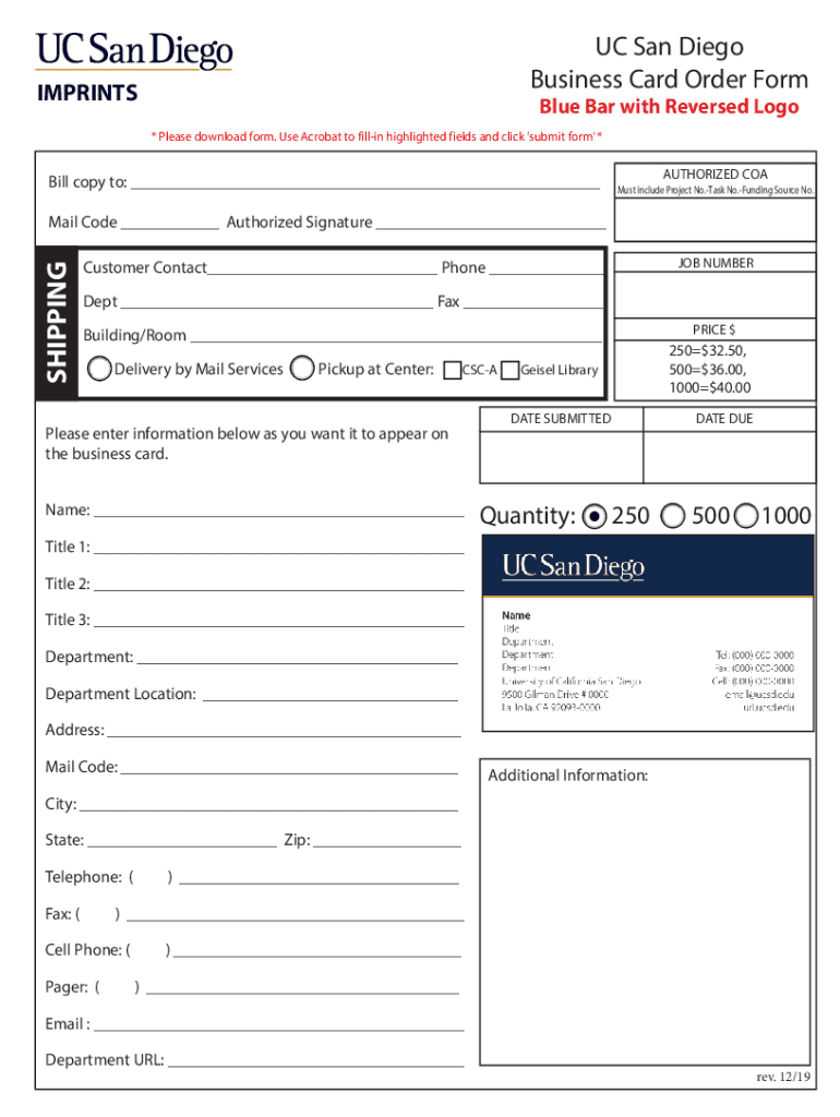 Fillable Online blink ucsd UC San Diego IMPRINT Business Card Order ...