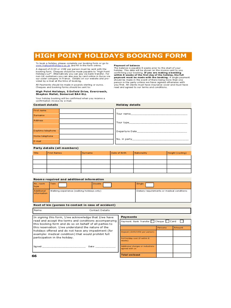 Fillable Online HIGH POINT HOLIDAYS BOOKING FORM Fax Email Print ...
