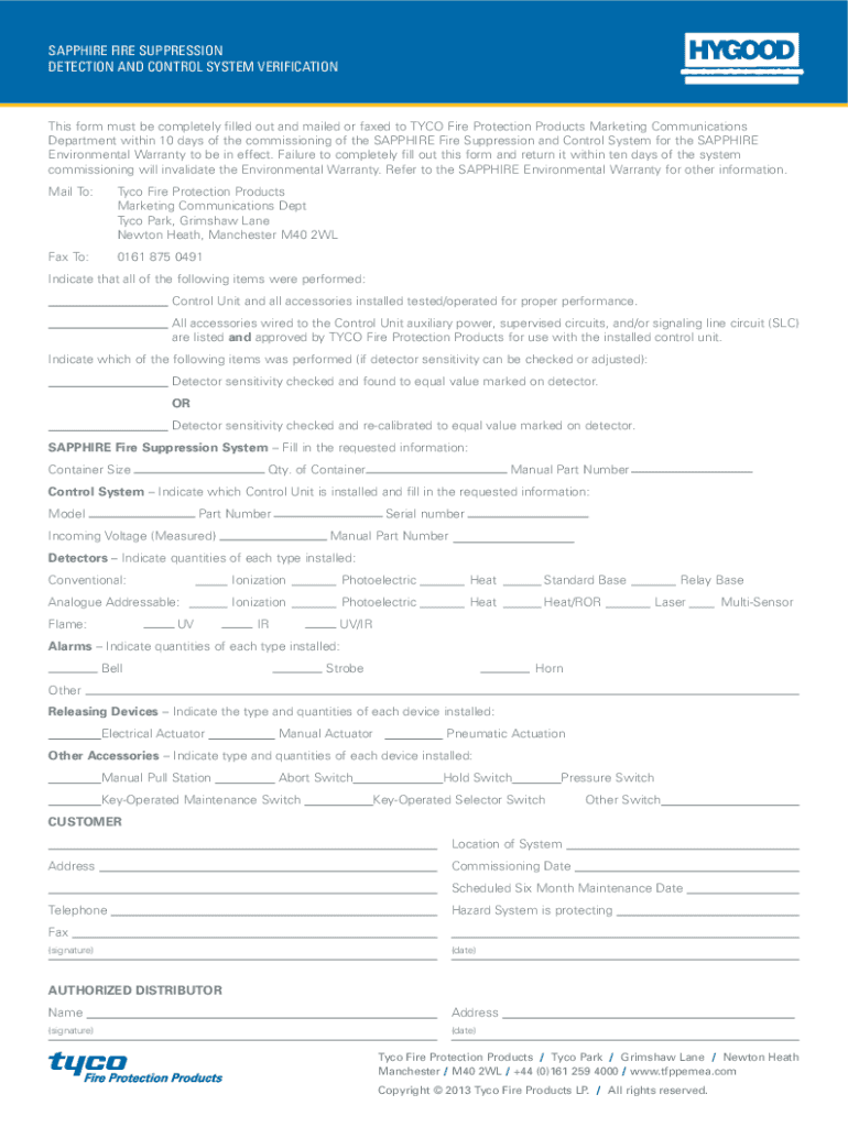 Fillable Online SAPPHIRE FIRE SUPPRESSION DETECTION AND CONTROL SYSTEM ...