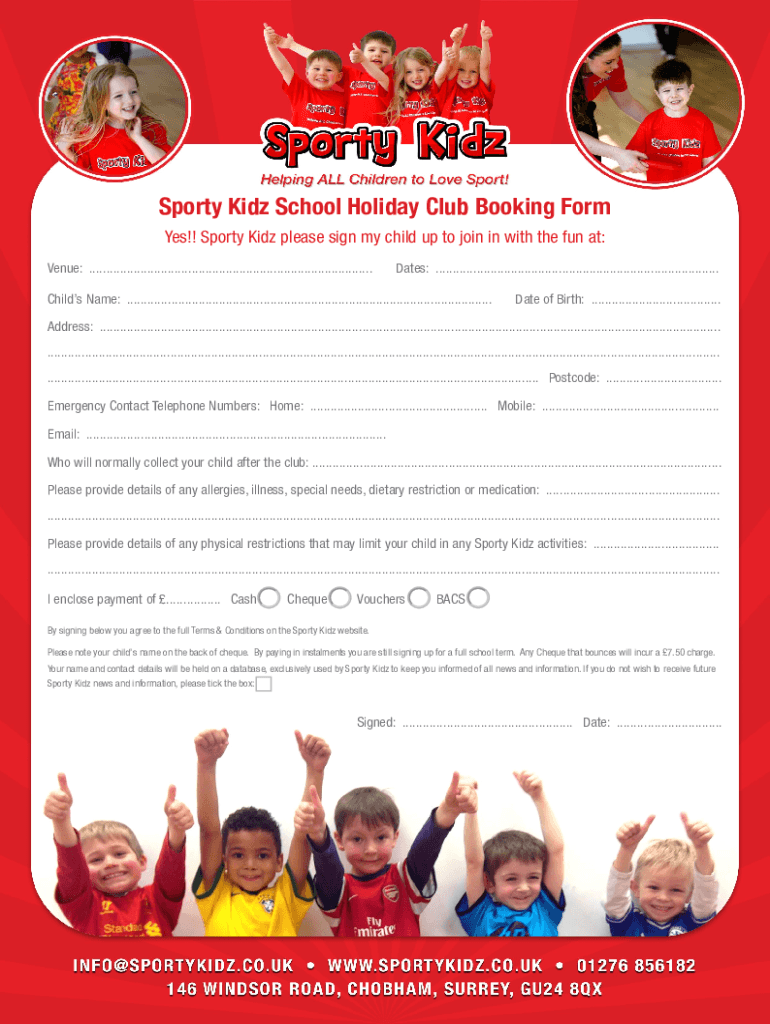 Fillable Online Sporty Kidz Holiday Club Booking Form Fax Email Print ...