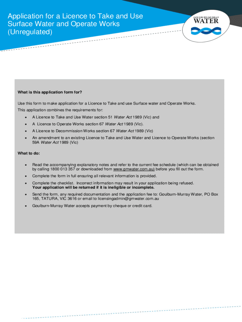 Fillable Online A Licence to Take and Use Water section 51 Water Act ...