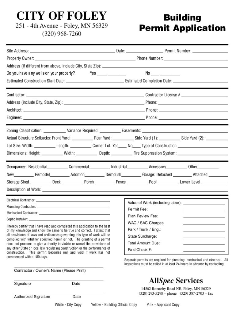 Fillable Online ci foley mn CITY OF FOLEY Building Permit Application ...