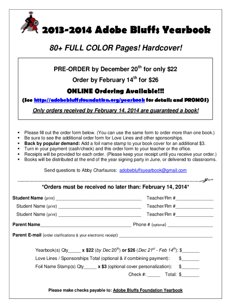 Fillable Online 2013-2014 Adobe Bluffs Yearbook - Adobe Bluffs PTA Fax ...