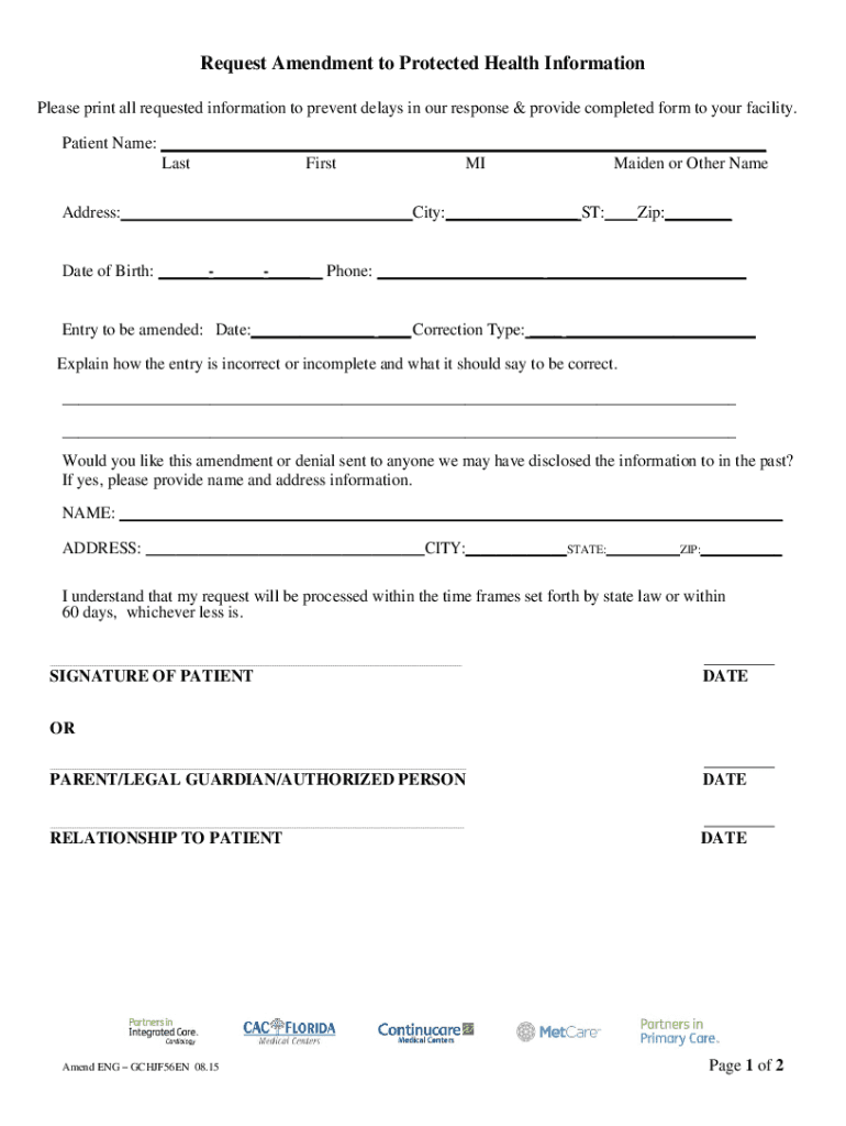 Fillable Online Patient's Request for an Amendment of Protected Health ...