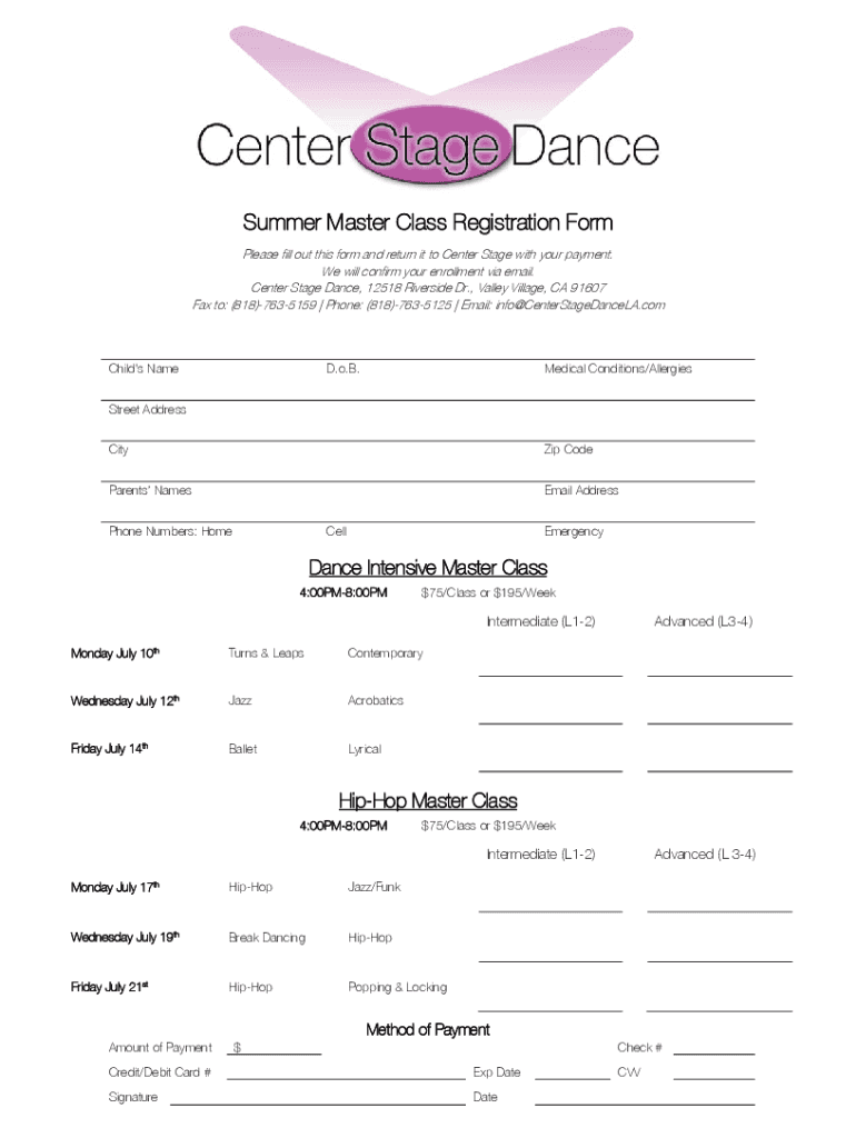 Fillable Online Summer Master Class Registration Form Fax Email Print ...