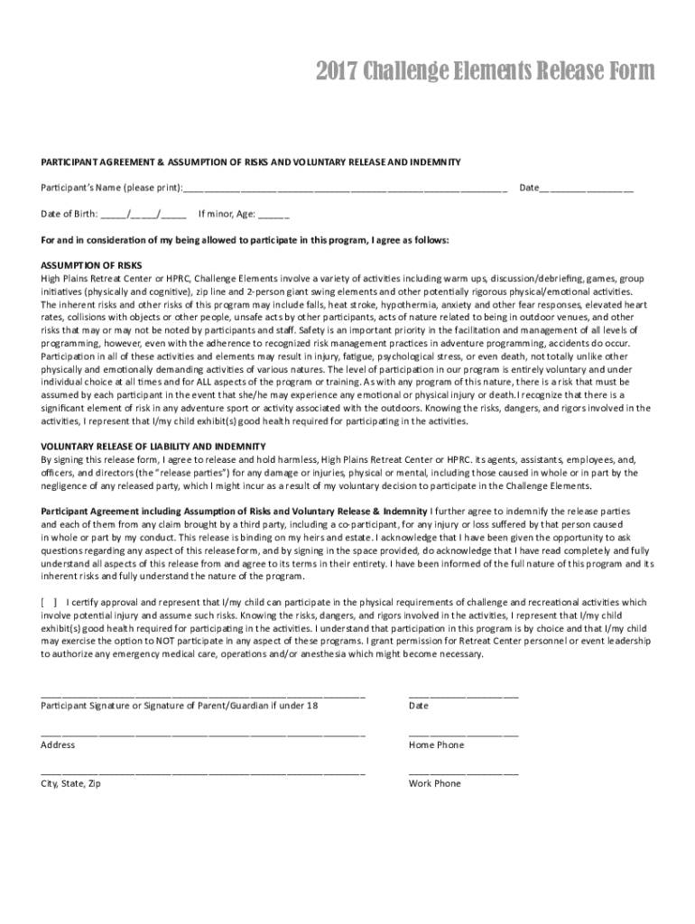 Fillable Online PARTICIPANT AGREEMENT & ASSUMPTION OF RISKS AND VOLUNTARY RELEASE AND INDEMNITY ...