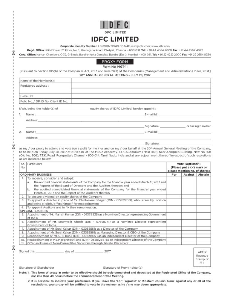 Fillable Online Change In Registered Office Address Of IDFC Bank ...