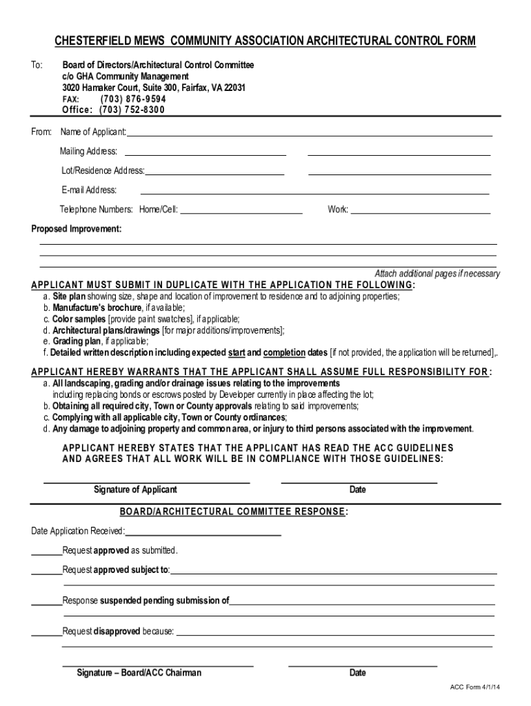 Fillable Online CHESTERFIELD MEWS COMMUNITY ASSOCIATION ARCHITECTURAL ...