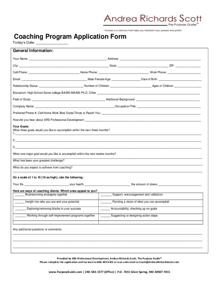 Fillable Online Coaching Program Application Form Fax Email Print ...