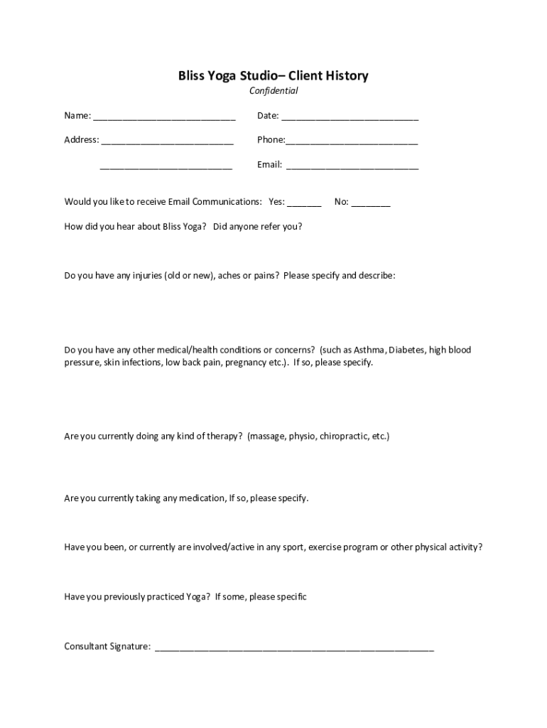 Fillable Online YOGA CLIENT INTAKE FORM - CONFIDENTIAL ... Fax Email ...