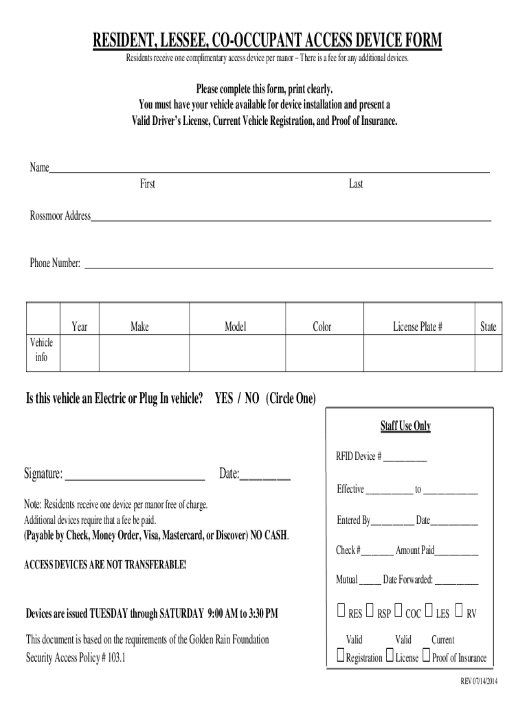 Fillable Online RESIDENT, LESSEE, CO-OCCUPANT ACCESS DEVICE FORM Fax ...
