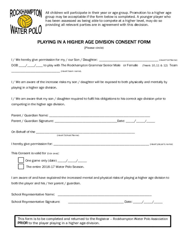Fillable Online rgs qld edu Playing in a Higher Age Group Consent Form ...