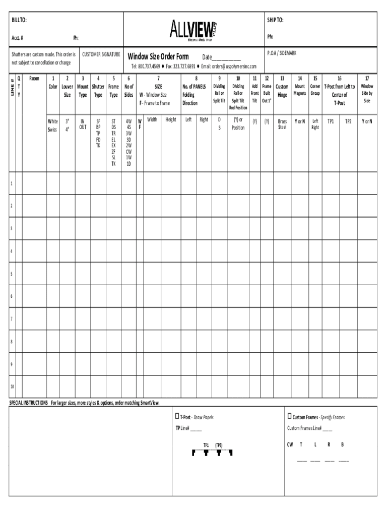 Fillable Online Acct. # Ph: Shutters are custom made. Window Size Order ...