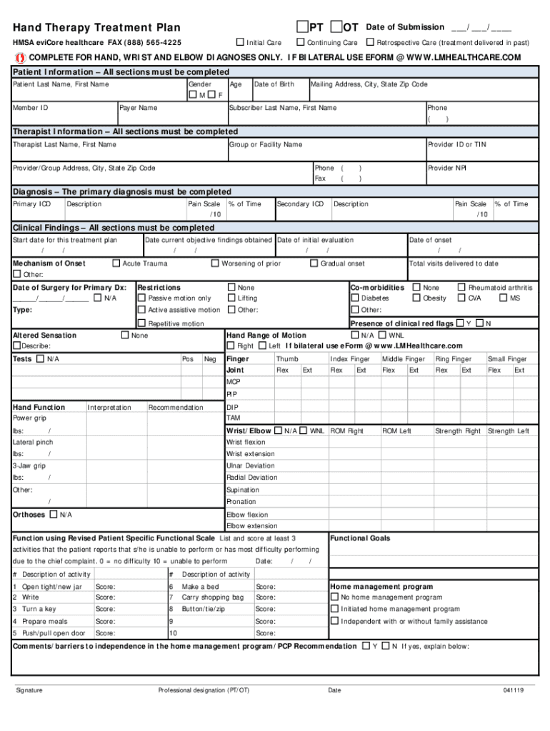 Fillable Online Hand Therapy Treatment Plan Fax Email Print - pdfFiller