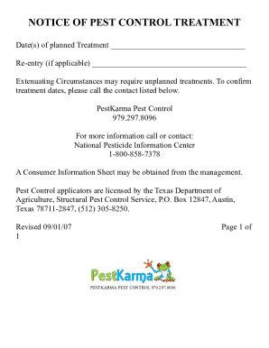 Notice Of Pest Control Treatment Texas | pdfFiller