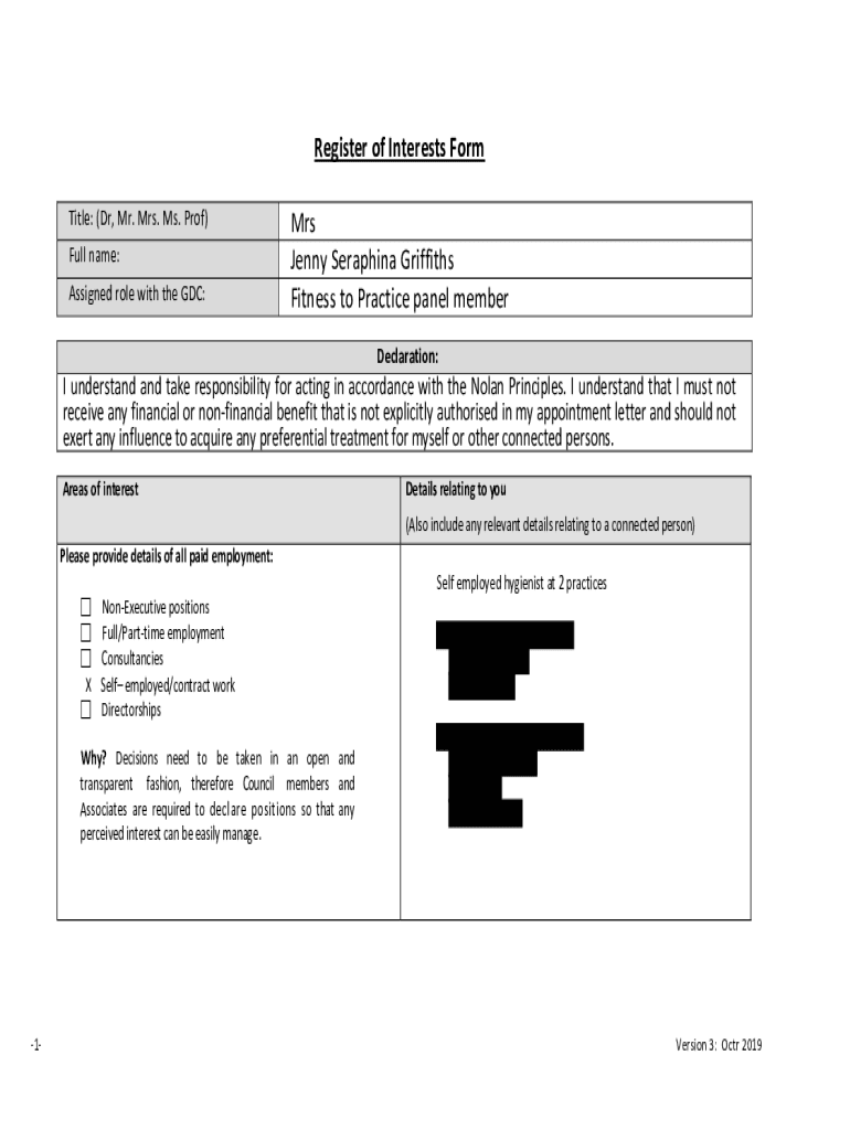 Fillable Online Register of Interests Form Mrs Jenny Seraphina ...