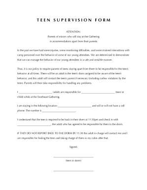Fillable Online TEEN SUPERVISION FORM Fax Email Print - pdfFiller