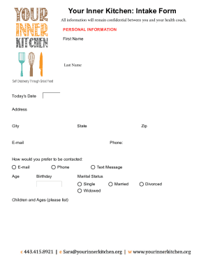 Fillable Online Your Inner Kitchen: Intake Form Fax Email Print - pdfFiller