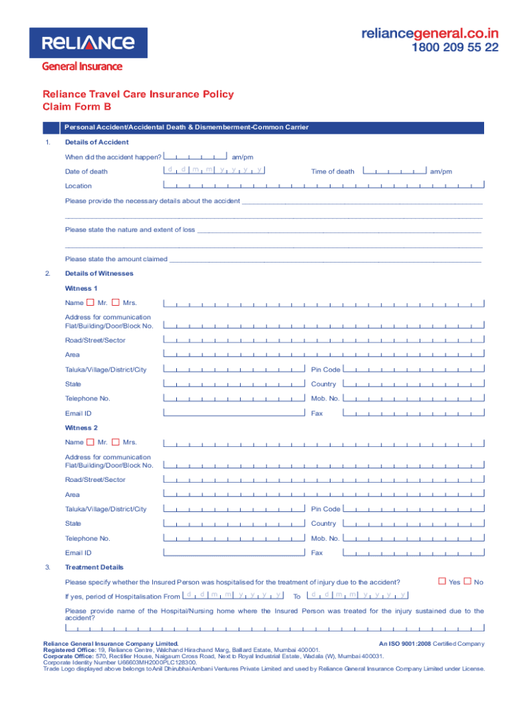 Fillable Online Reliance Travel Care Claim Form - insureatclick.com Fax ...