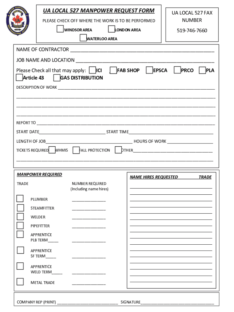 Fillable Online UA LOCAL 527 MANPOWER REQUEST FORM Fax Email Print ...